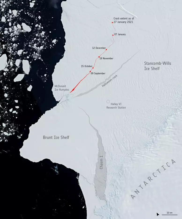 Brunt Ice Shelf Crack ໃຫມ່