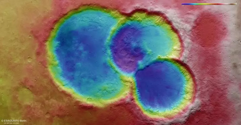 Ancient Crater Triplet on Mars Topographic View