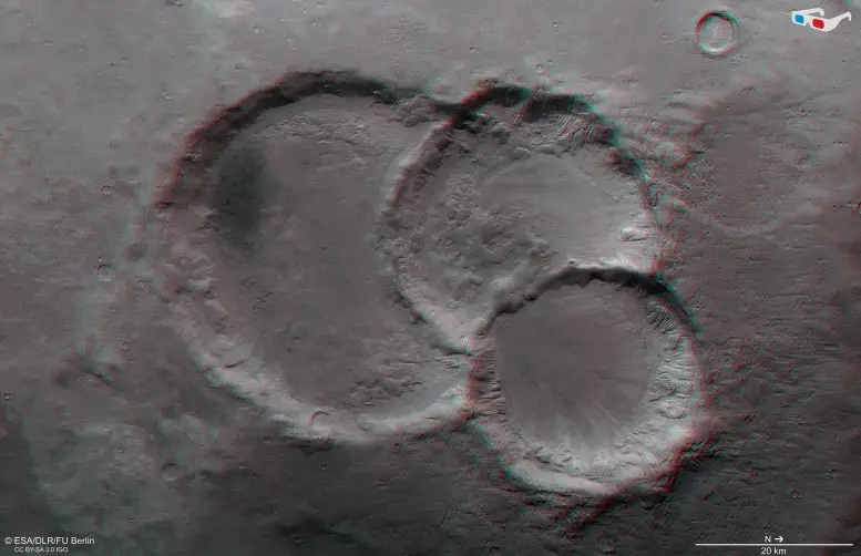 Gammel kratertriplet på Mars 3D