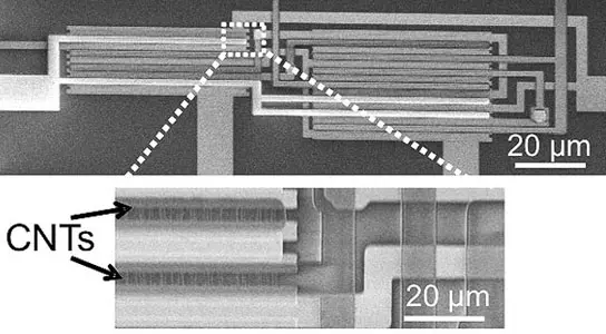 Kuelestoff Nanotube Transistoren (CNTs) an engem integréierte Logik Circuit arrangéiert