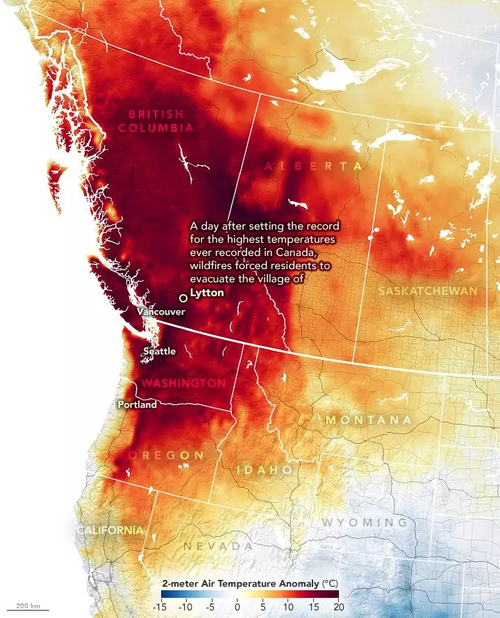 Anomalia temperatury powietrza w Kolumbii Brytyjskiej czerwiec 2021