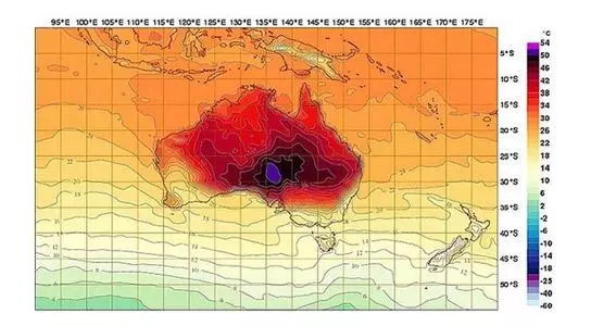 オーストラリアは、気温マップに予測熱波を表示するために新しい色を必要としていました（その後、予測を122ºF/50ºCに修正しました）。クレジット：オーストラリア気象局