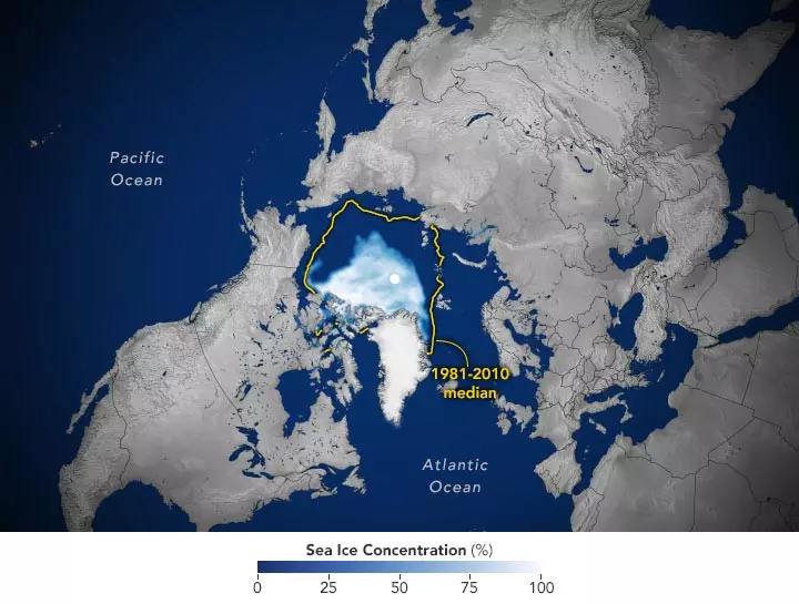 Концентрација леда на Арктичком мору у септембру 2020. са коментарима