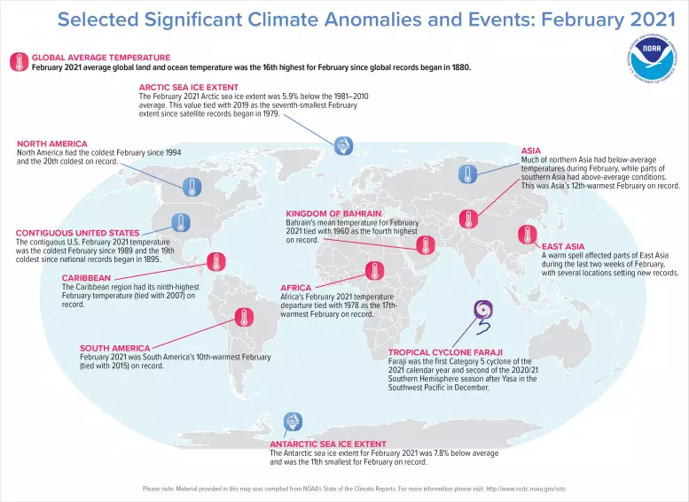 Globale Karte bedeutender Klimaereignisse Februar 2021