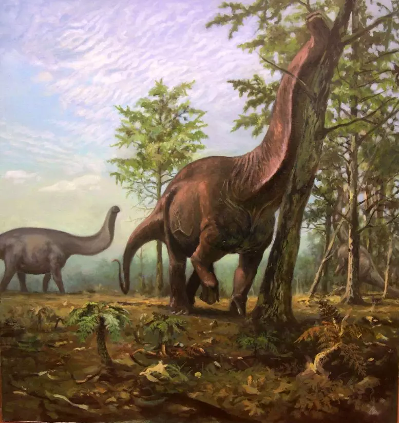 Brontosaurus í heitu og grónu landslagi