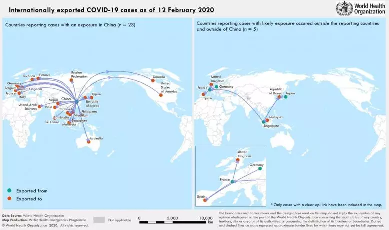 Karte der international exportierten COVID-19-Fälle, 12. Februar