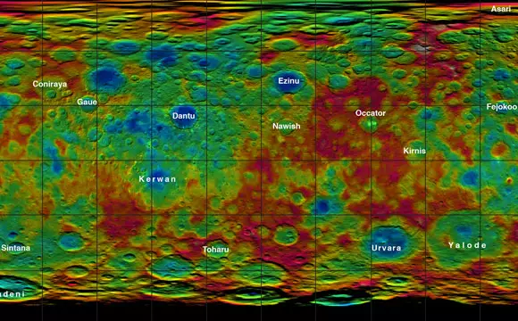 Jauna ar krāsu kodēta pundurplanētas Ceres karte