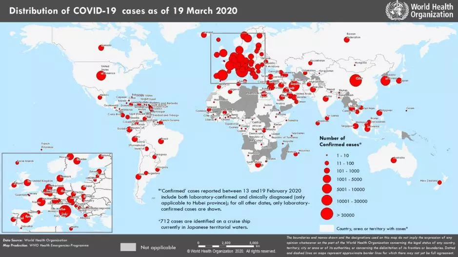 Carte du coronavirus COVID-19 le 19 mars