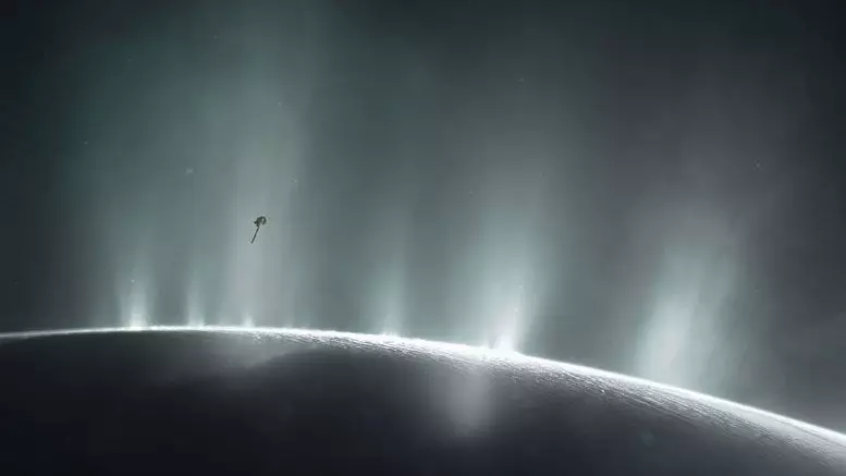 Ilustração mostra a Cassini mergulhando na pluma de Enceladus