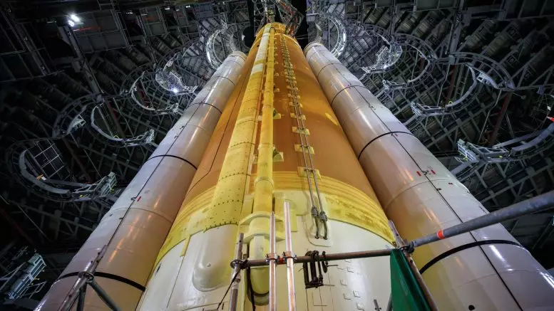 Artemis I Space Launch System Rocket Inside High Bay 3 VAB