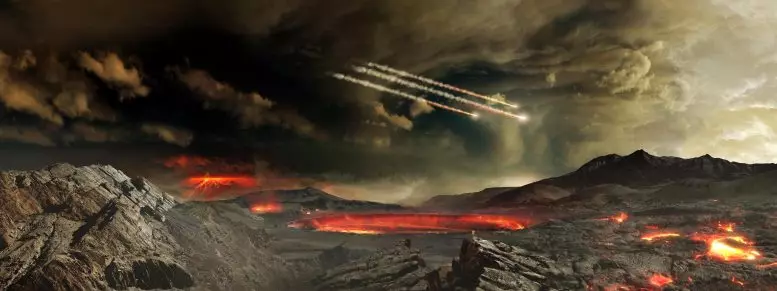 Konstnärens koncept av meteorer som påverkar den antika jorden