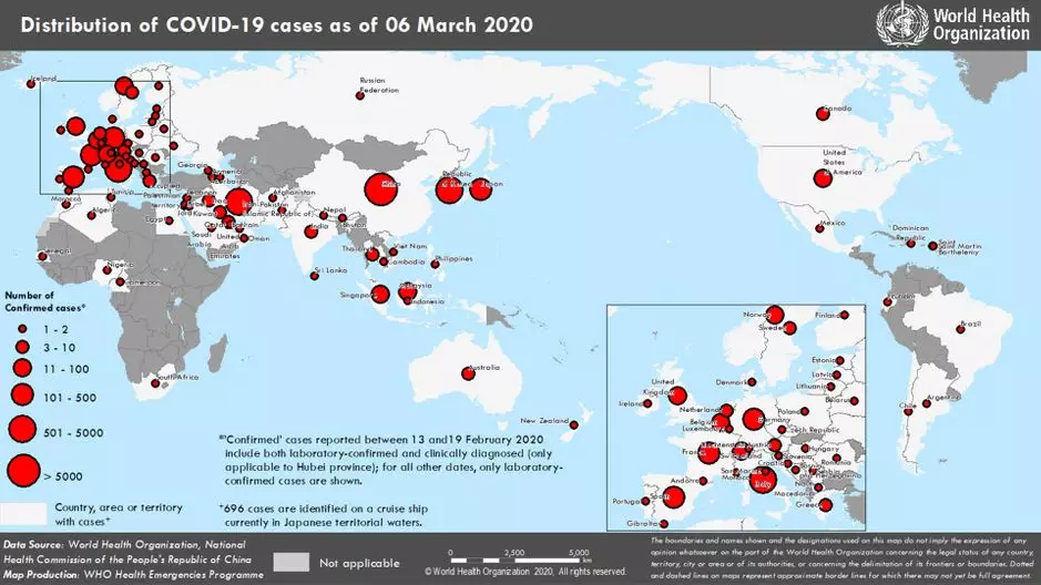 COVID-19 Coronaviruskarta 6 mars