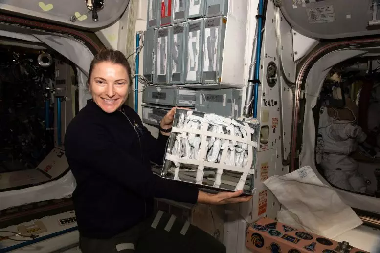 Astronaut Kayla Barron weist Liewensmëttel Päck