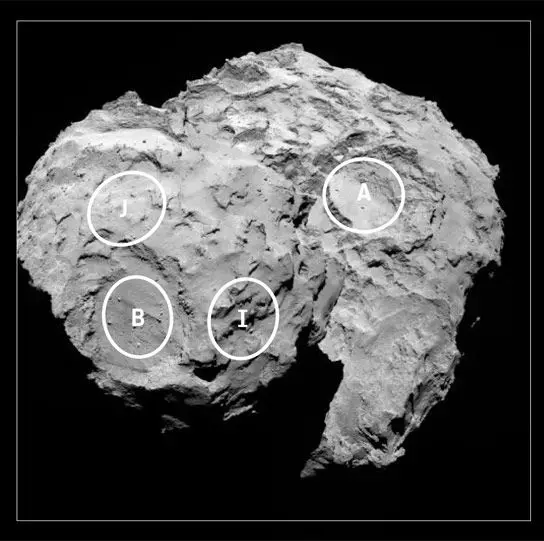 Fënnef Kandidatelandungsplazen identifizéiert um Koméit 67P